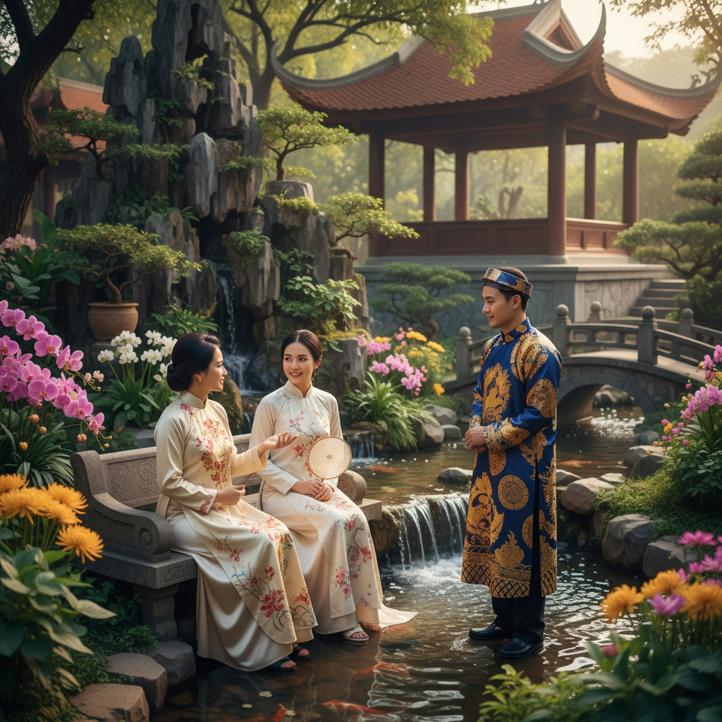 Hình ảnh Theo phong cách cung đình xưa..Trong hoa viên đẹp bên hòn giả ...